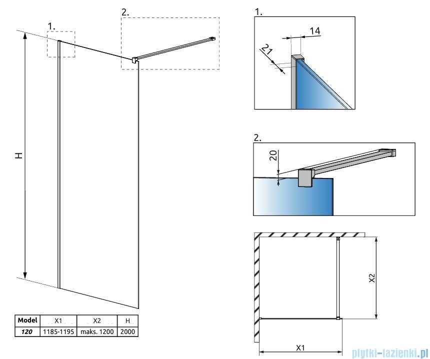 Radaway Modo New II Brushed Copper kabina Walk-in 120x200 szczotkowana ...