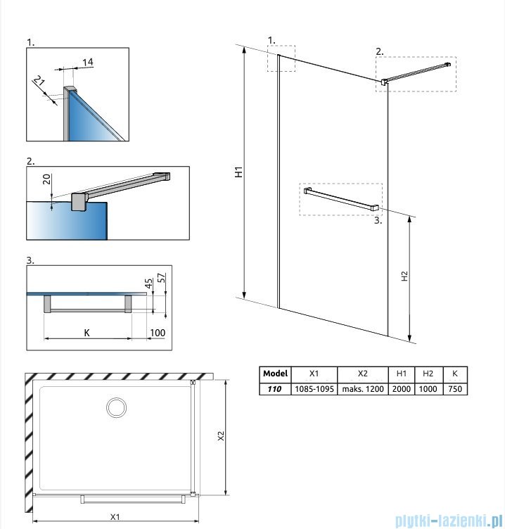 Radaway Modo New II Brushed Nickel z wieszakiem kabina Walk-in 110x200 ...