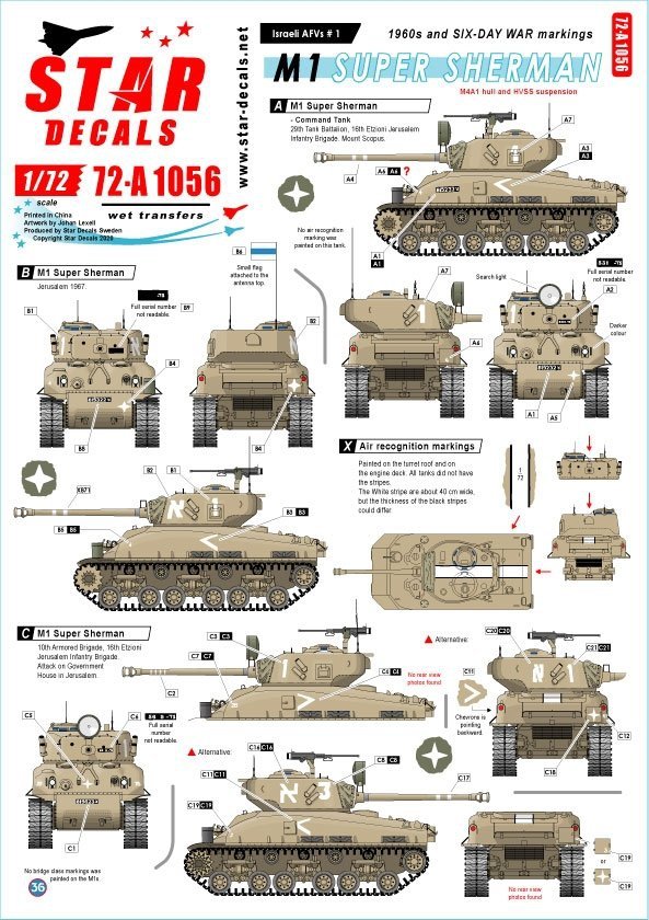 Star Decals 72-A1056 Israeli AFVs # 1. M1 Super Sherman and M1 Super ...