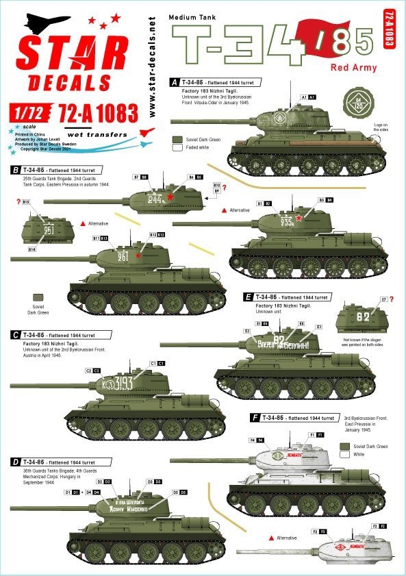 Star Decals 72-A1083 Soviet T-34-85 tanks 1944-45. 1944-45. Flattened ...