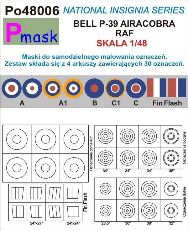 P-Mask PO48006 MASKI DO MALOWANIA OZNACZEŃ AIRACOBRA RAF (1:48) - Skala ...