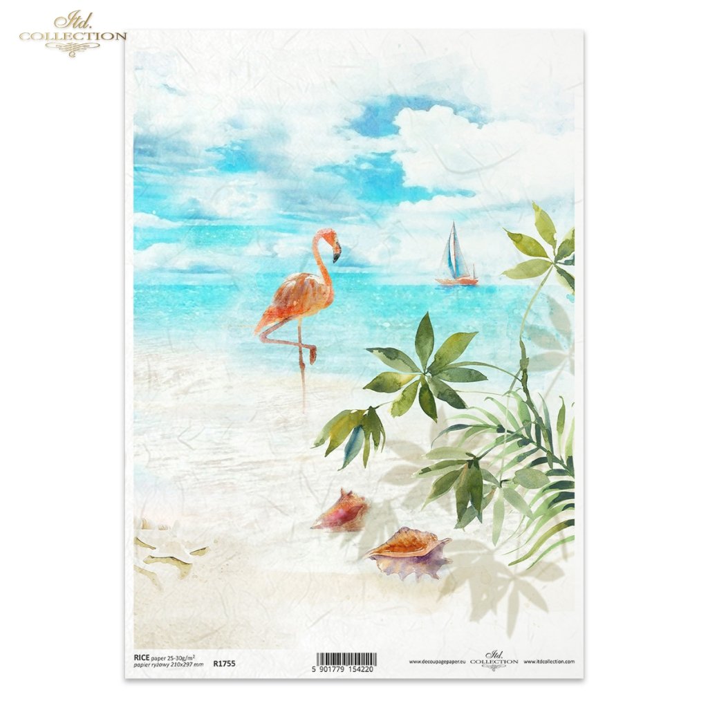 Rice paper R1755 - Holiday, sailing boat, boat, beach, sea, palm tree ...