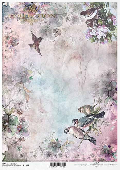 Rice paper R1387 - Paper for decoupage rice * spring, birds, flowers