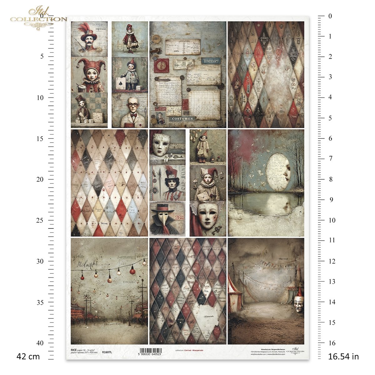 Rice paper A3 R1607L - carnival, masquerade, masks, harlequin, commedia ...